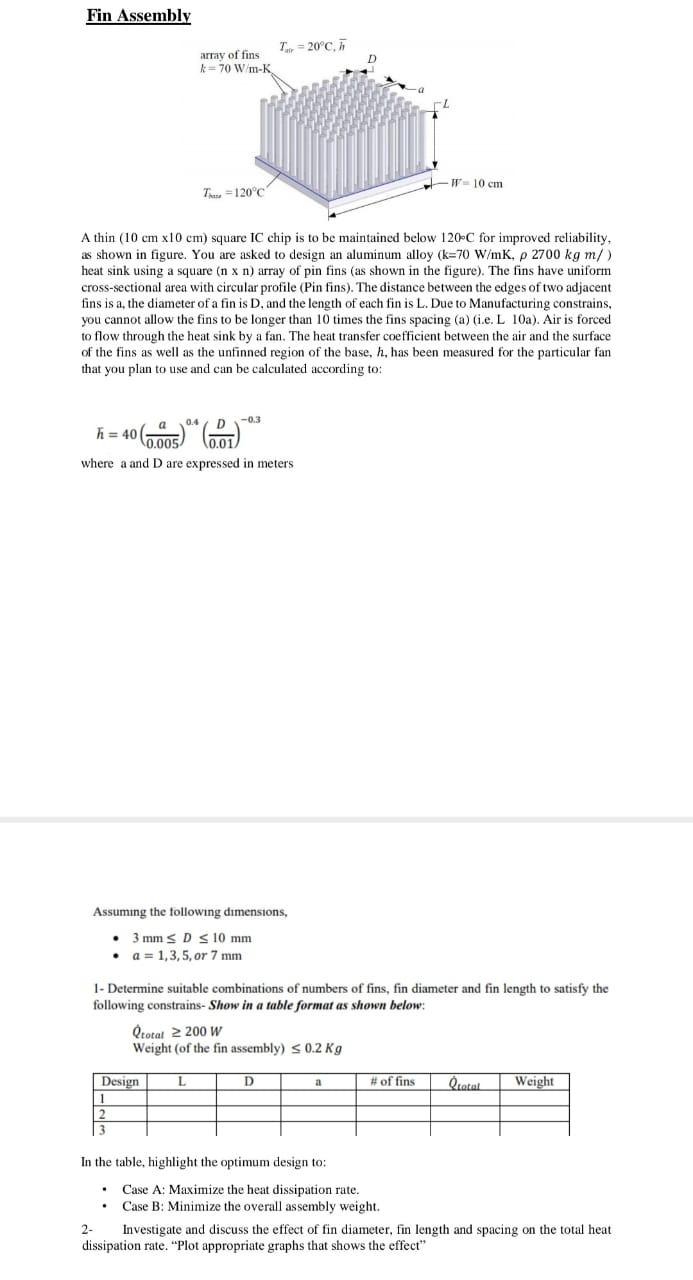 Fin Assembly T = 20°C, array of fins D k70 W/m-K I-10 | Chegg.com