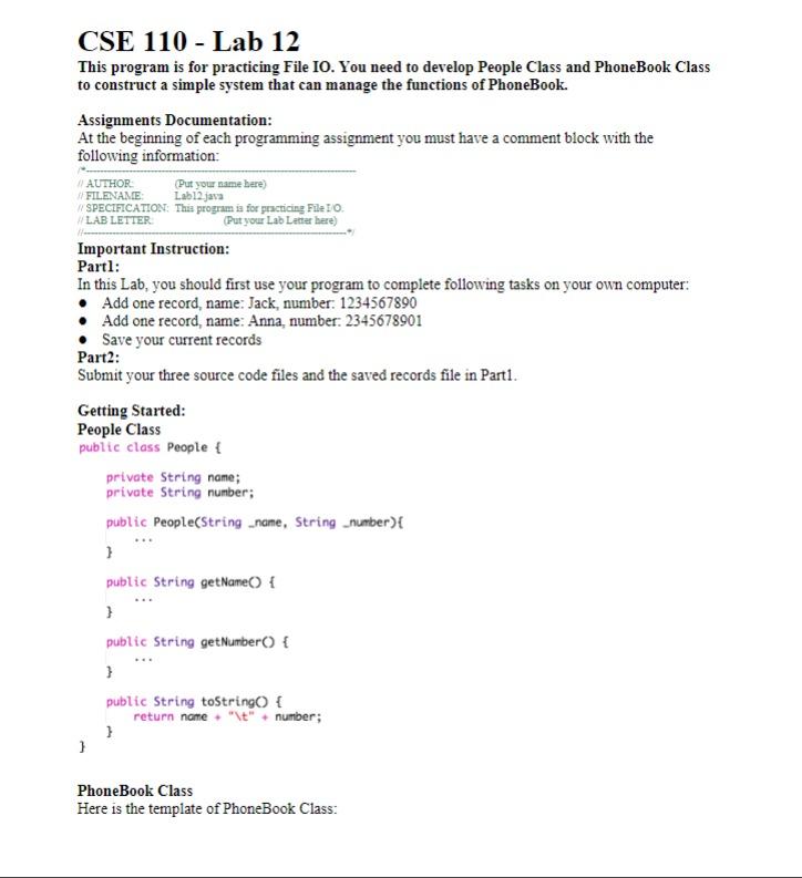 Solved Partl: CSE 110 - Lab 12 This program is for | Chegg.com