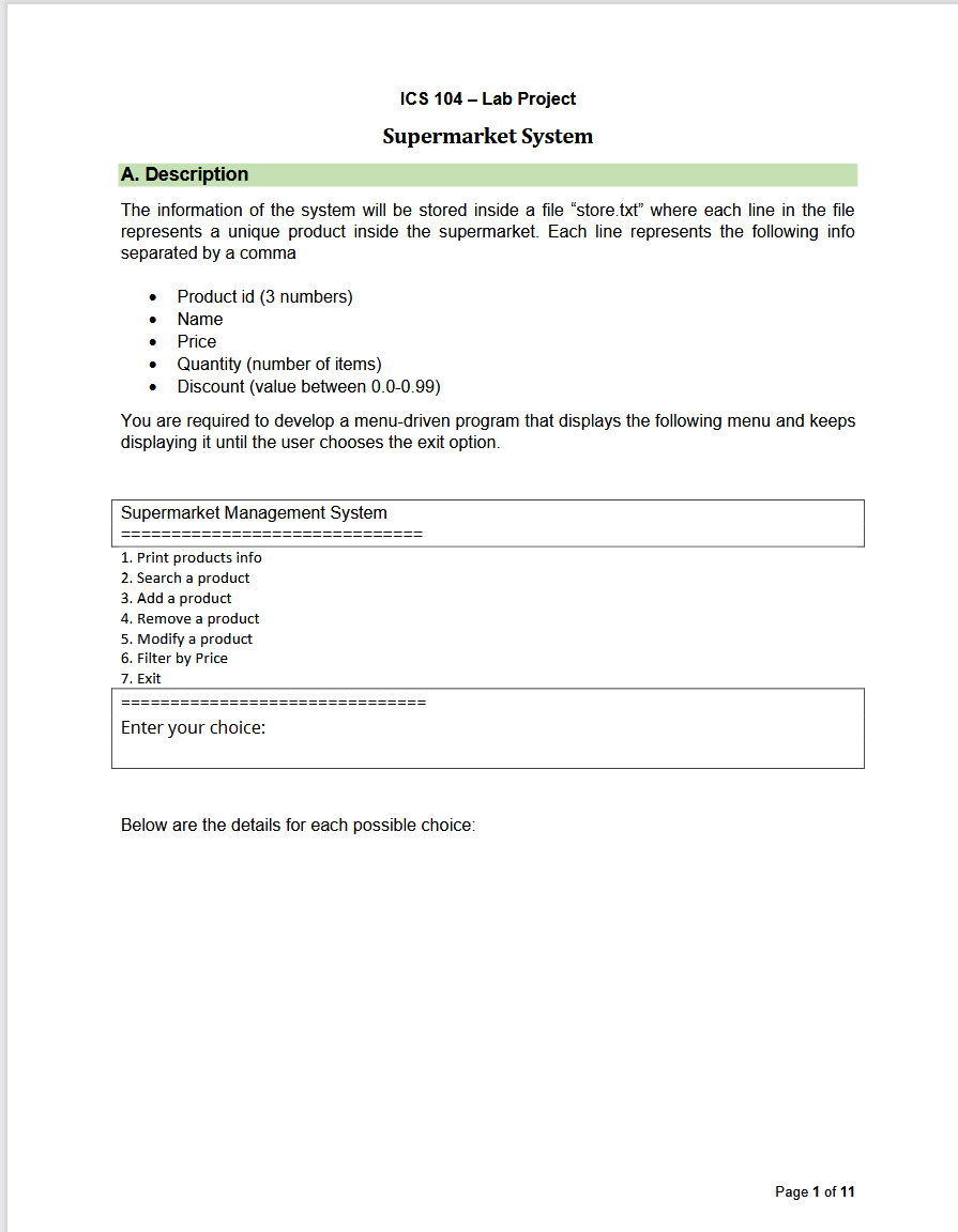 Solved A. Description The information of the system will be | Chegg.com