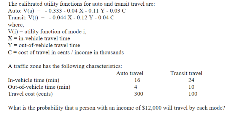 Solved The calibrated utility functions for auto and transit | Chegg.com