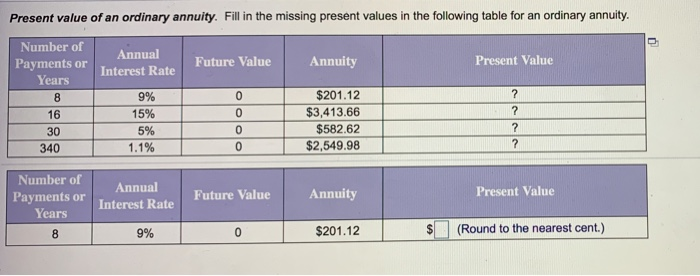 Solved Present value of an ordinary annuity. Fill in the | Chegg.com