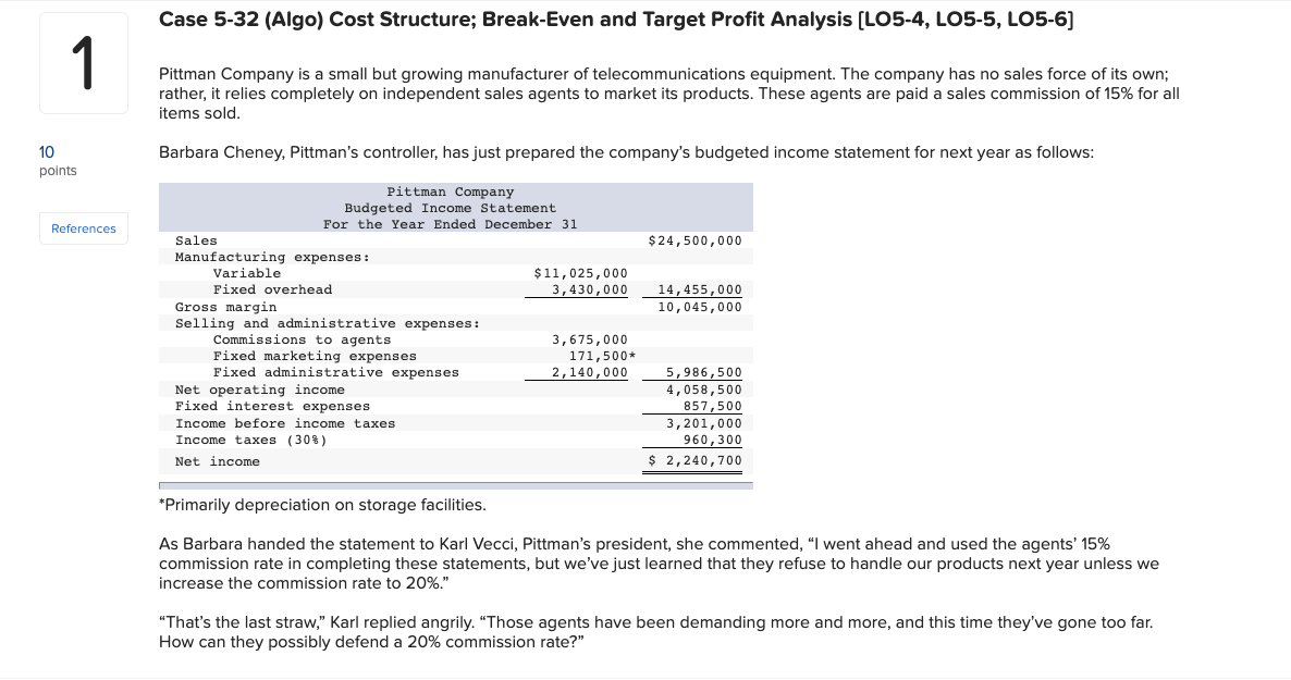 Solved Case 5-32 (Algo) Cost Structure; Break-Even and | Chegg.com