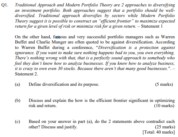 Solved Q1. Traditional Approach and Modern Portfolio Theory | Chegg.com