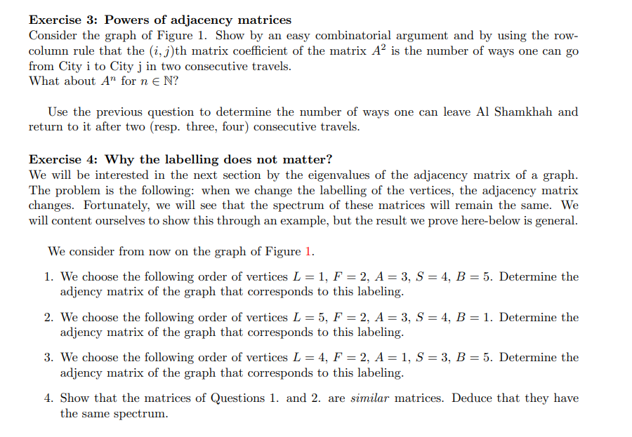 Solved Exercise 3: Powers of adjacency matrices Consider the | Chegg.com