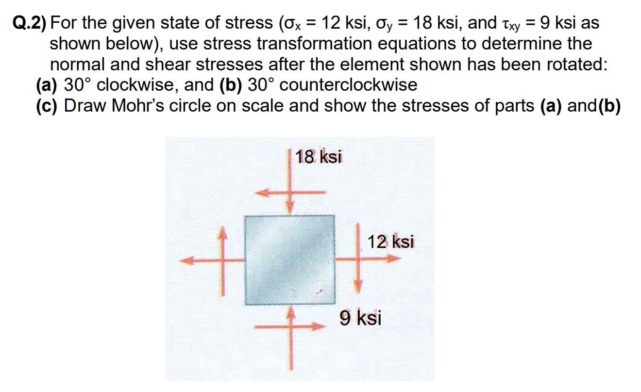 Solved Q.2) For the given state of stress (Ox = 12 ksi, Oy = | Chegg.com