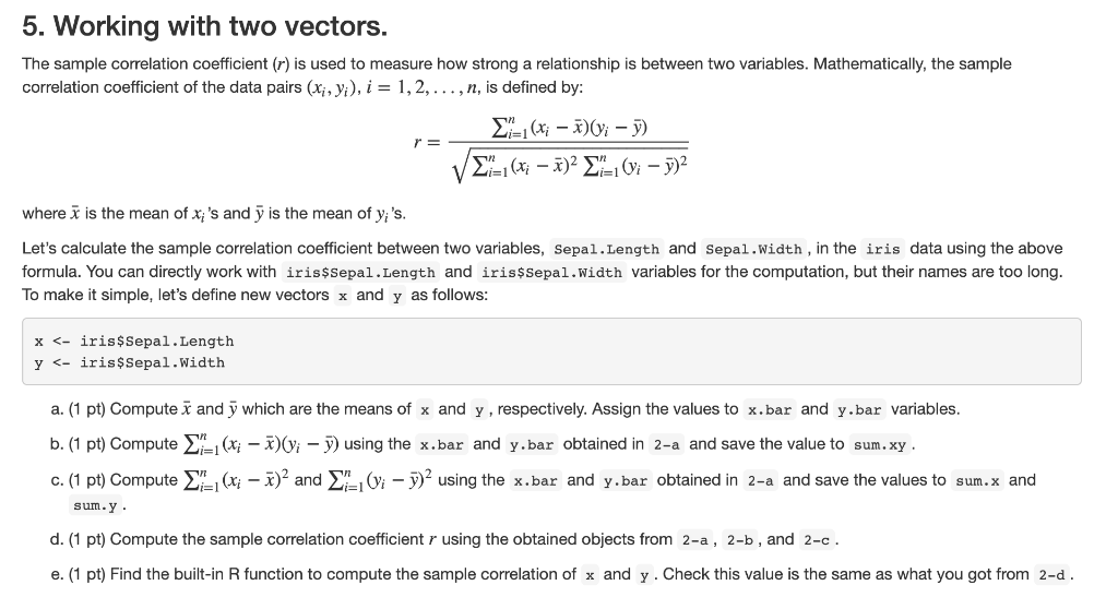 Solved 5. Working with two vectors. The sample correlation | Chegg.com
