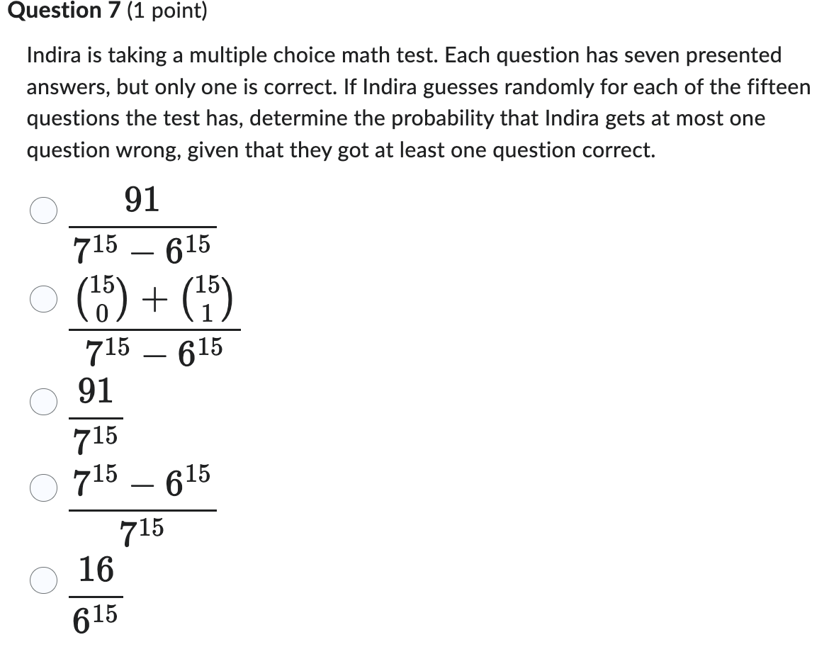 Solved Question 7 (1 ﻿point)Indira is ﻿taking a multiple | Chegg.com
