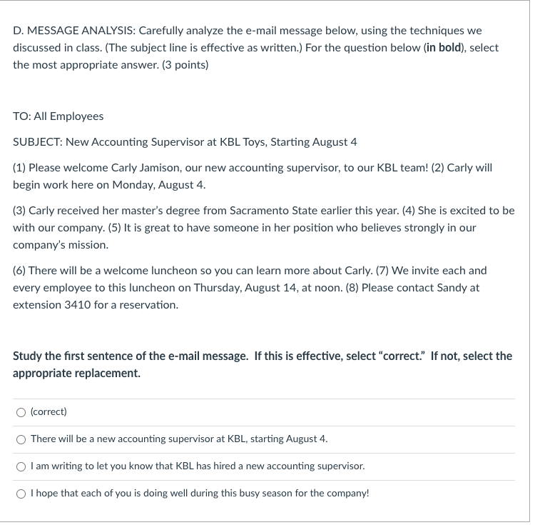 Solved C. SENTENCE IDENTIFICATION: Select the most | Chegg.com