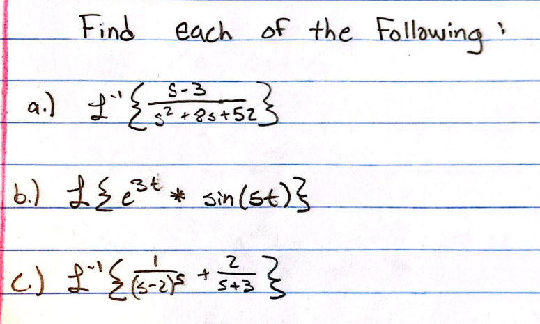 Solved Find each of the Following: a.) L−1{s2+8s+52s−3} b.) | Chegg.com