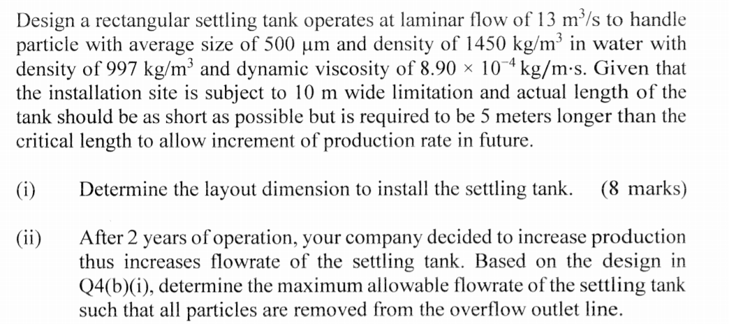 Solved Design a rectangular settling tank operates at | Chegg.com