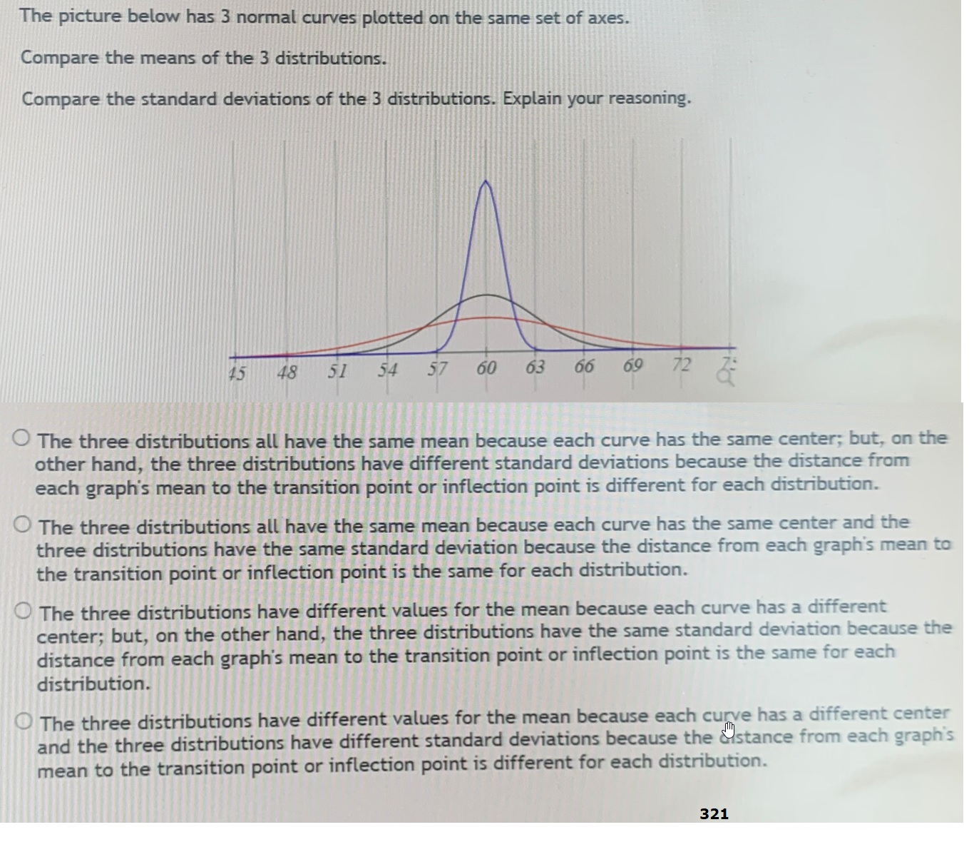 Solved The picture below has 3 normal curves plotted on the | Chegg.com