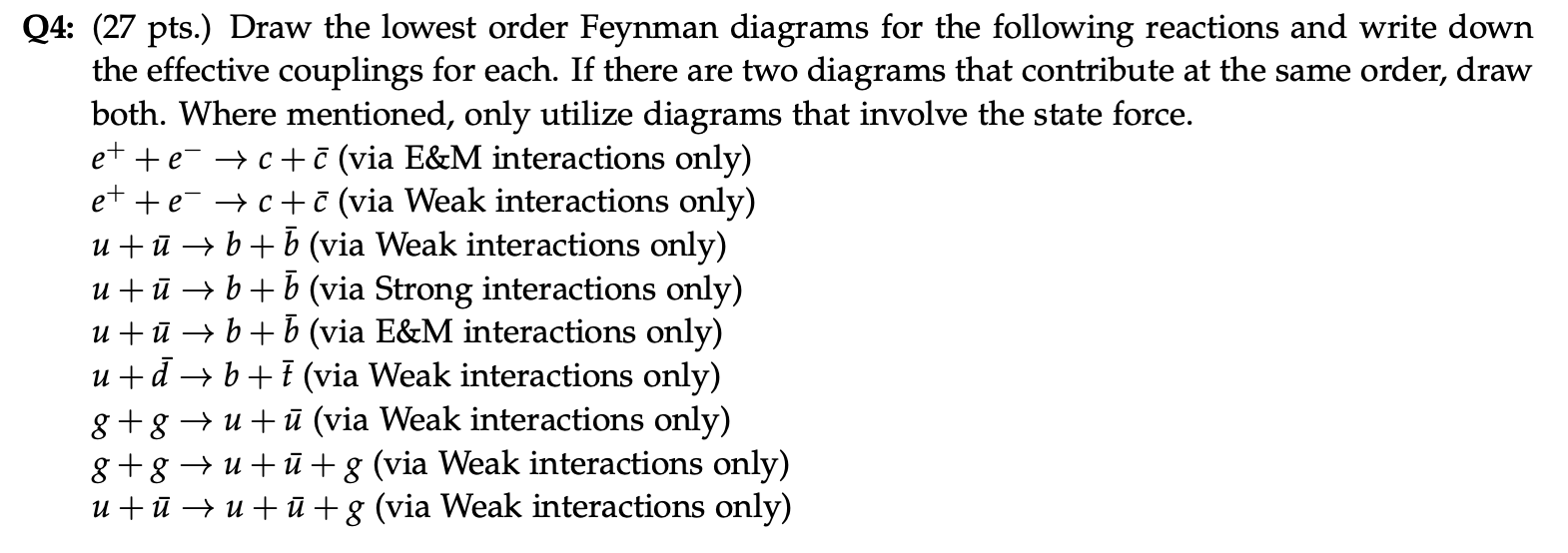 Solved Q4: (27 pts.) Draw the lowest order Feynman diagrams | Chegg.com