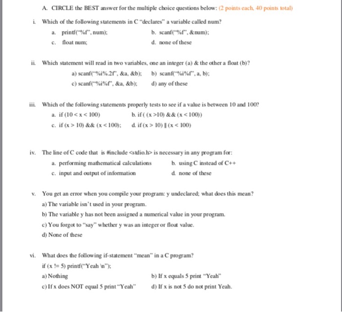 Solved A. CIRCLE the BEST answer for the multiple choice | Chegg.com