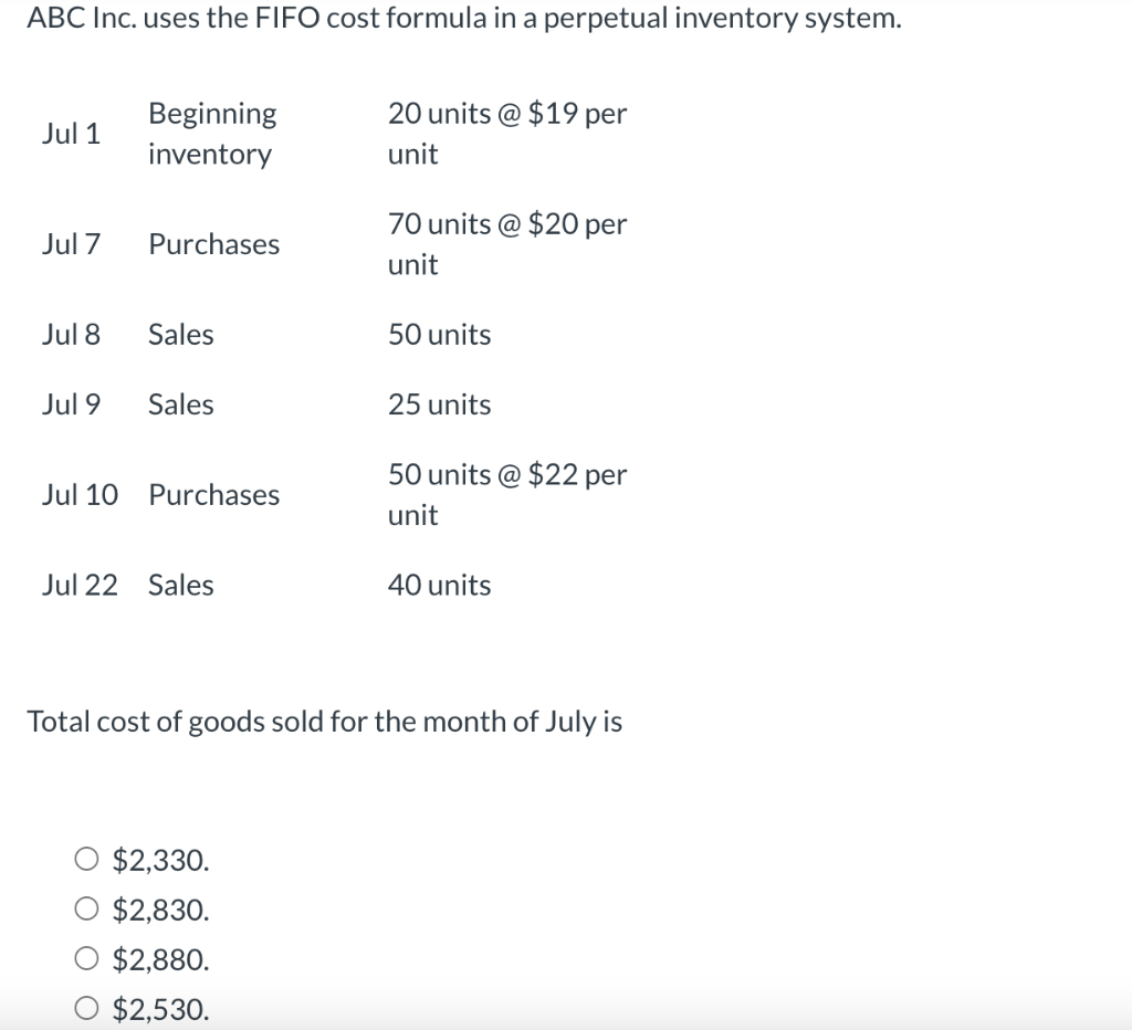 Solved ABC Inc. uses the FIFO cost formula in a perpetual | Chegg.com