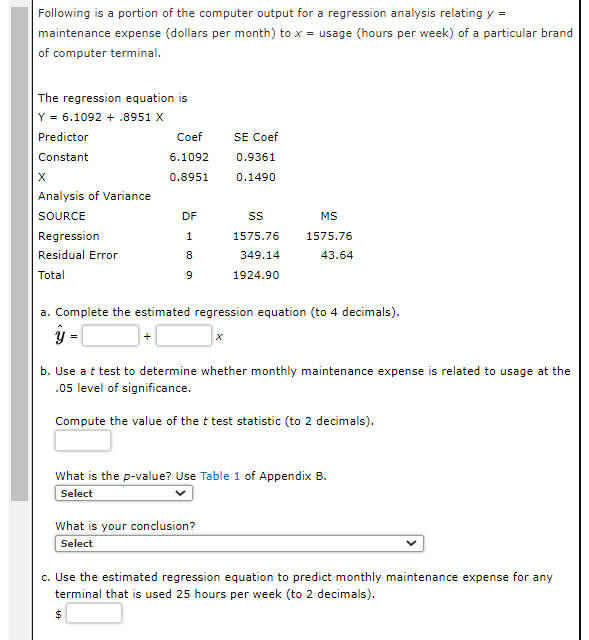 Solved Following is a portion of the computer output for a | Chegg.com