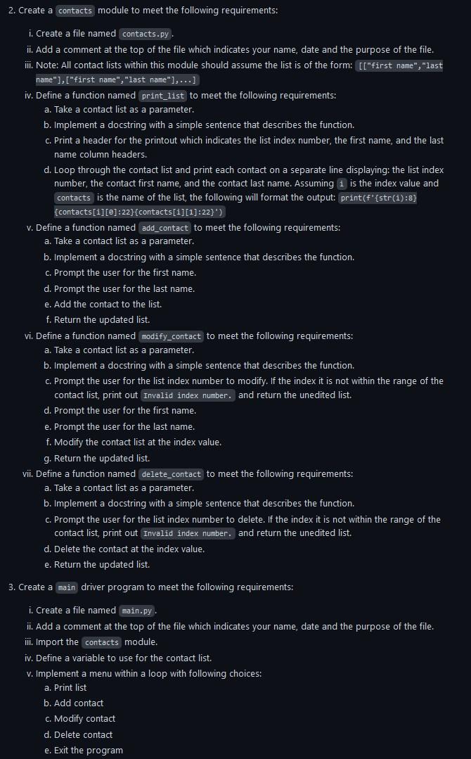 Solved 2. Create a contacts module to meet the following | Chegg.com