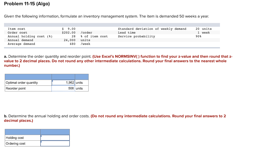 Solved Problem 11-15 (Algo) Given the following information, | Chegg.com