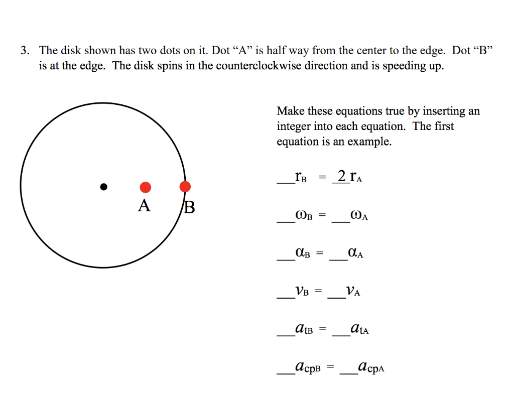 Solved 3. The disk shown has two dots on it. Dot "A" is half | Chegg.com