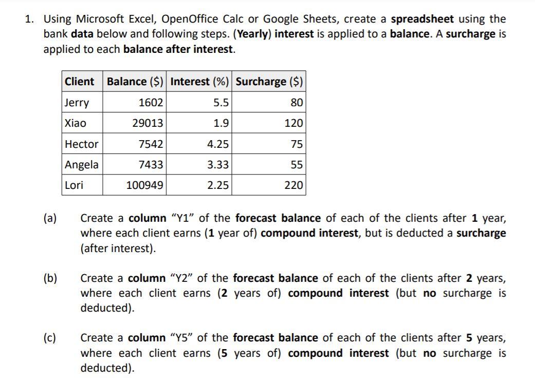 Solved 1. Using Microsoft Excel, OpenOffice Calc or Google | Chegg.com