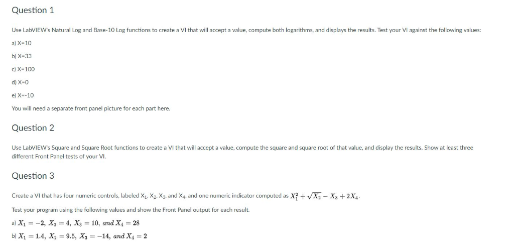 Question 1 Use LabVIEW's Natural Log and Base-10 Log | Chegg.com