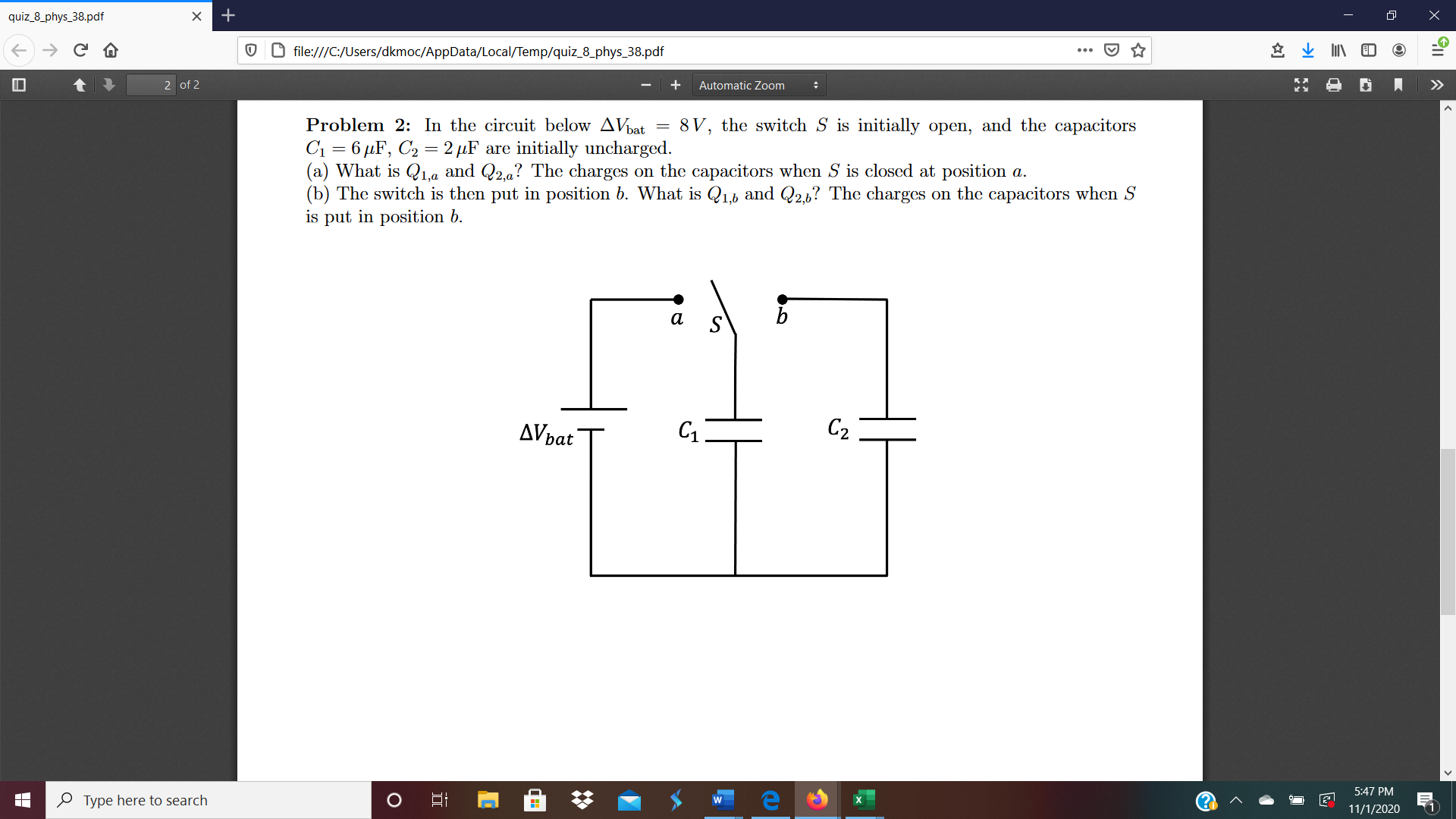 Solved Problem 2:In the circuit below ∆Vbat= 8V, the | Chegg.com