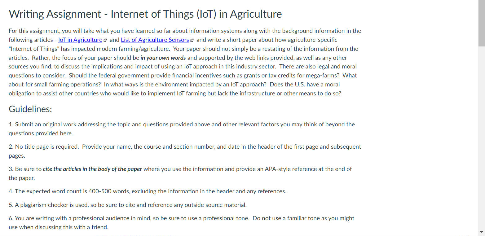 Solved Writing Assignment - Internet of Things (IoT) in | Chegg.com