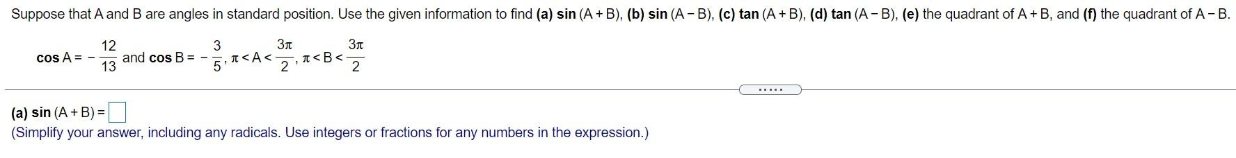 Solved Suppose that A and B are angles in standard position. | Chegg.com