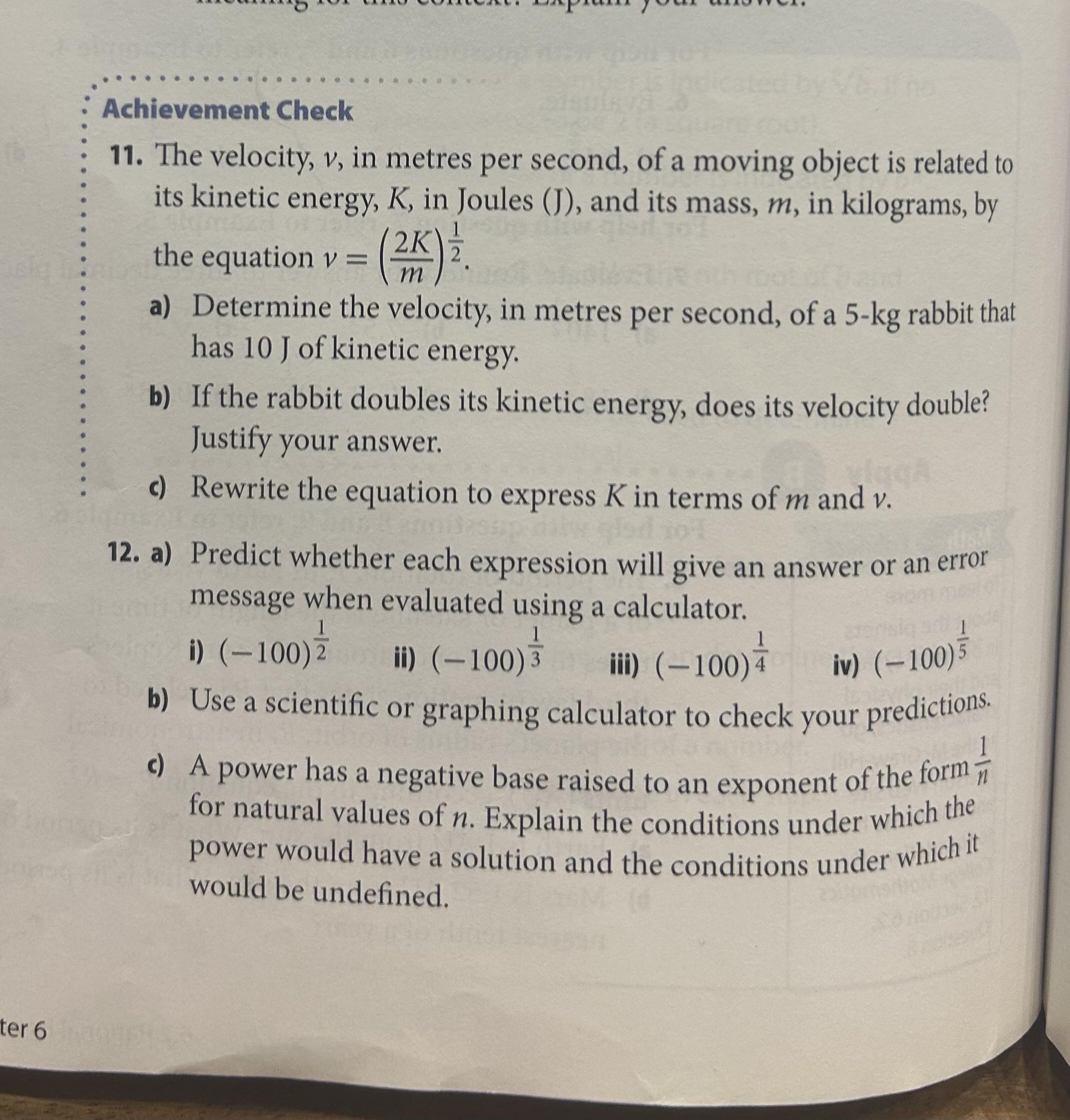 Solved Achievement Check 11. The velocity, v, in metres per | Chegg.com