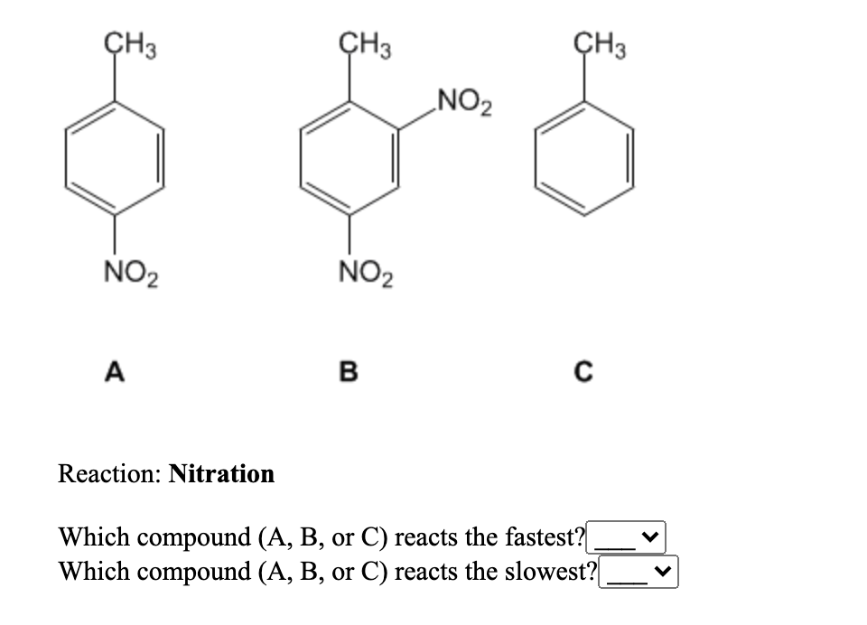 Solved CH3 CH3 CH3 NO2 NO2 NO2 A B с Reaction: Nitration | Chegg.com