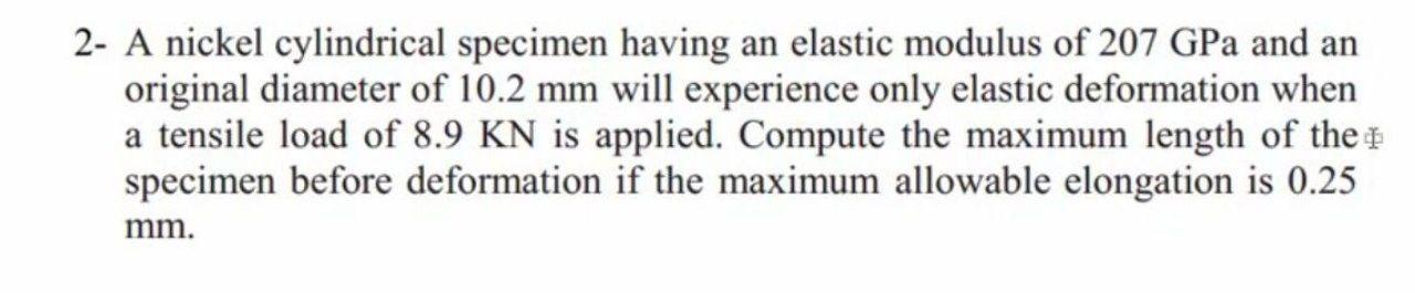 Solved 2- A nickel cylindrical specimen having an elastic | Chegg.com