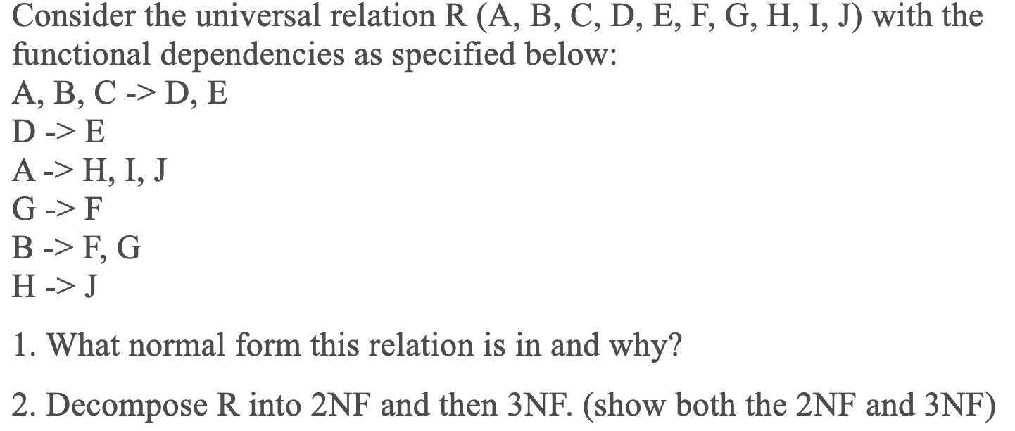 Solved Consider the universal relation R (A, B, C, D, E, F, | Chegg.com