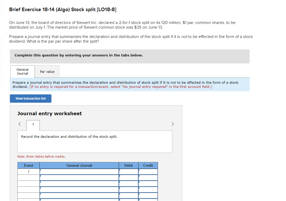 Solved Brief Exercise 18-14 (Algo) Stock split [LO18-8] On | Chegg.com