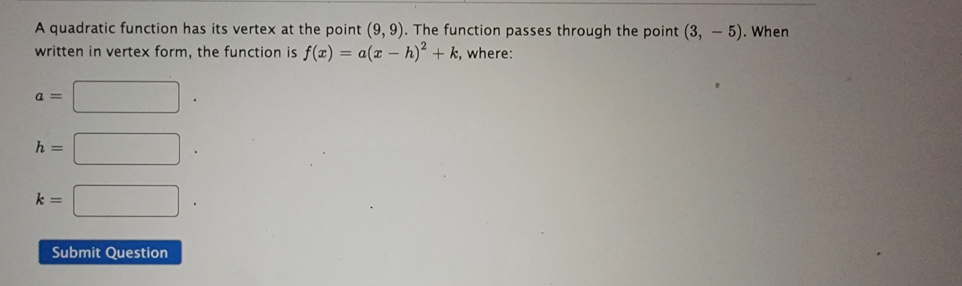 Solved A quadratic function has its vertex at the point | Chegg.com