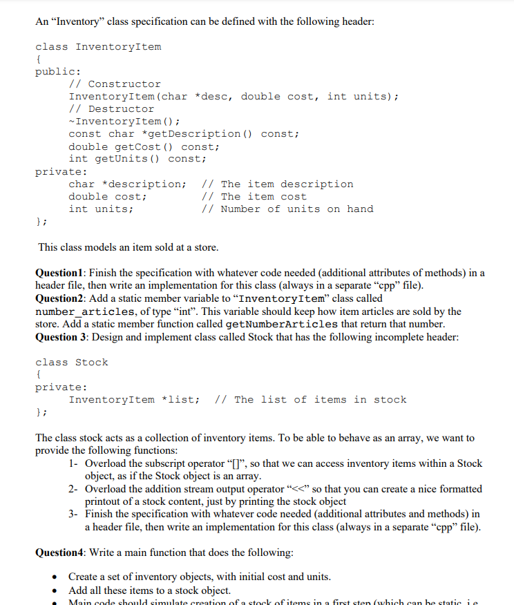 Solved An “inventory” Class Specification Can Be Defined