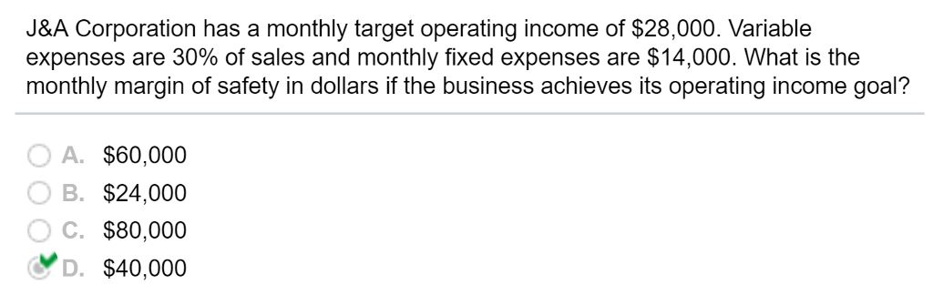 Solved J&A Corporation has a monthly target operating income | Chegg.com