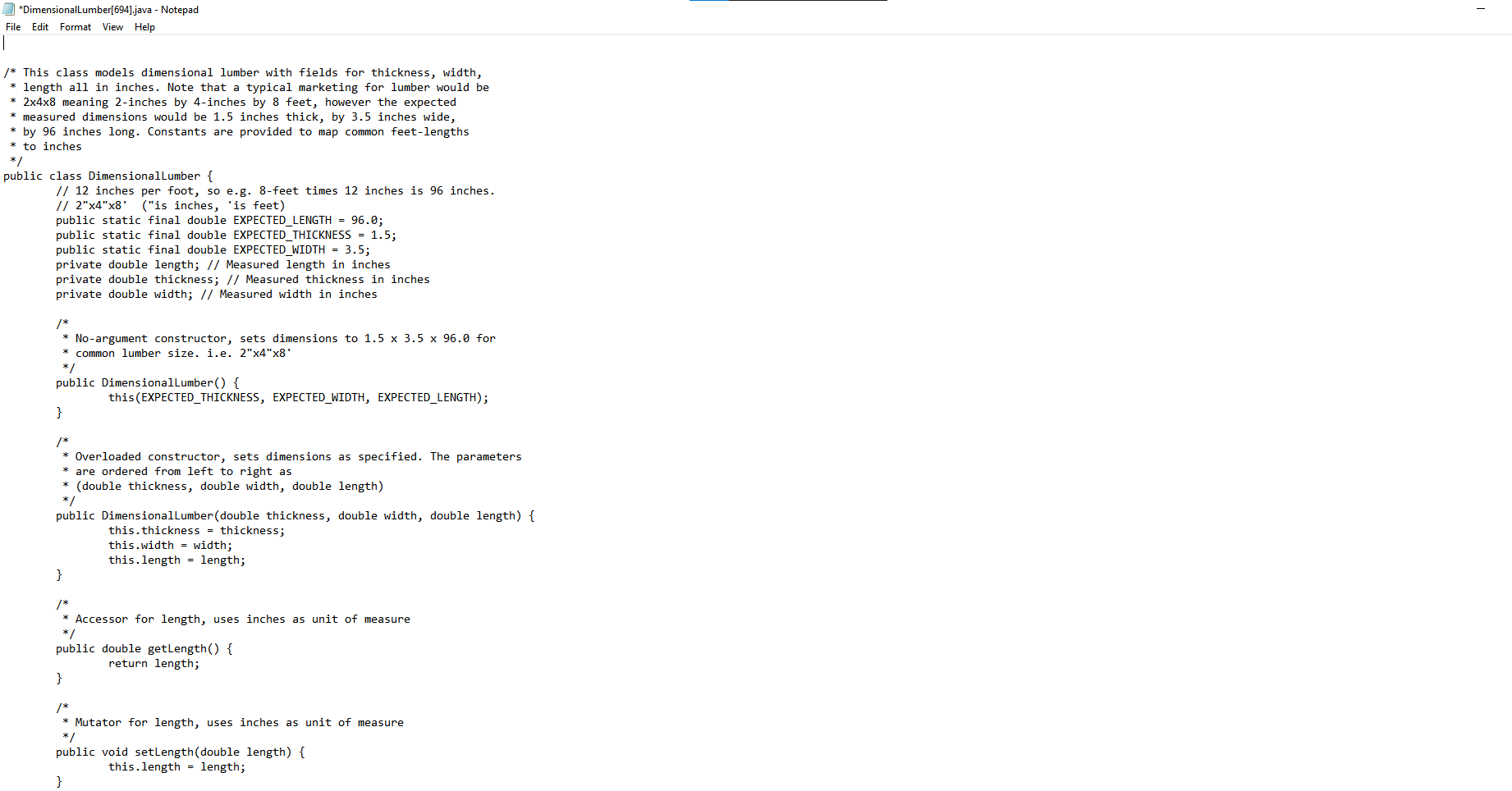 Solved - *DimensionalLumber[694).java - Notepad File Edit | Chegg.com