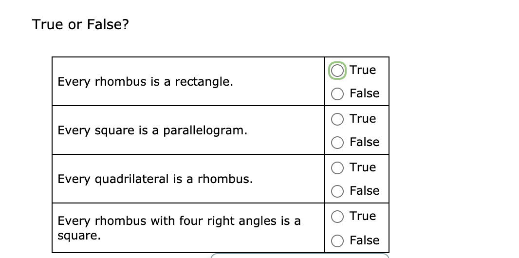 Solved True Or False True Every Rhombus Is A Rectangle Chegg