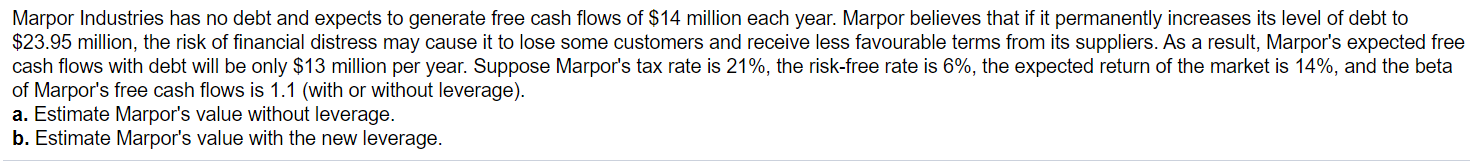 Solved Marpor Industries has no debt and expects to generate | Chegg.com