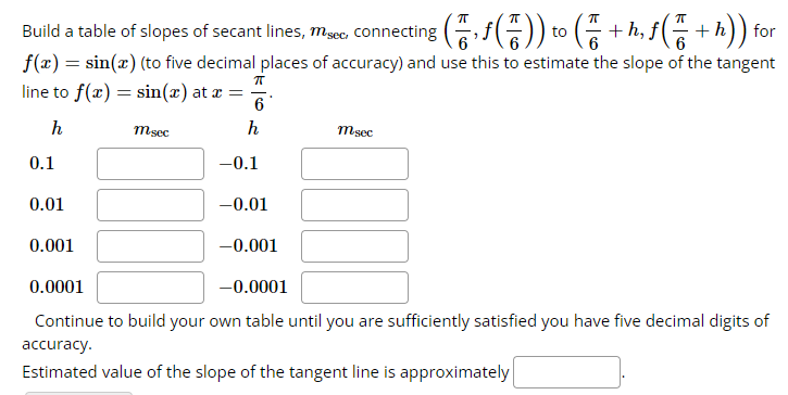 Solved Build a table of slopes of secant lines, msec, | Chegg.com