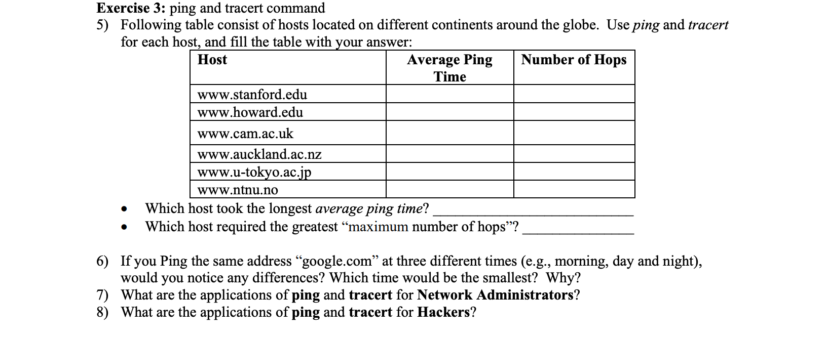 Exercise 3: ping and tracert command 5) Following | Chegg.com