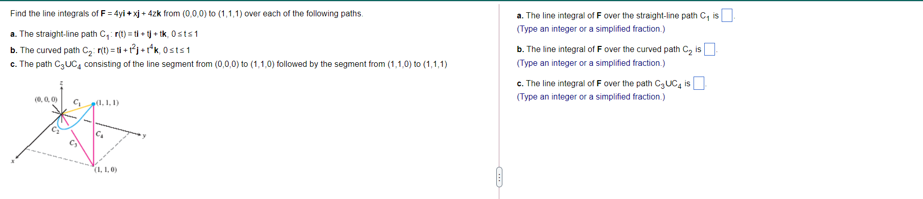 Solved Find the line integrals of F = 4yi + x3 + 4zk from | Chegg.com