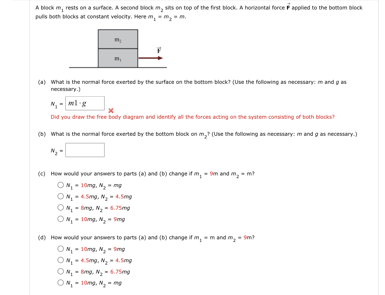 Solved A block m1 rests on a surface. A second block m2 sits | Chegg.com