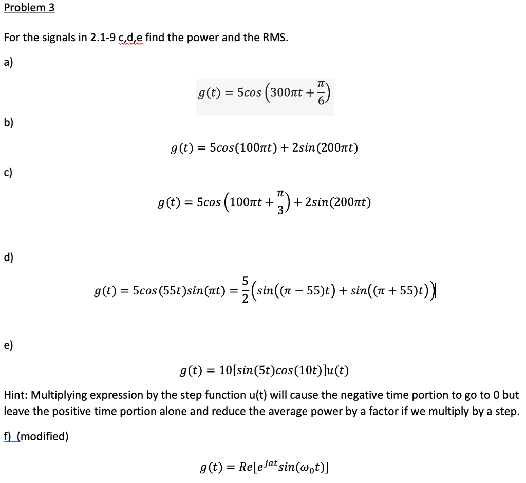 Solved For the signals in 2.1-9 c, d,e find the power and | Chegg.com