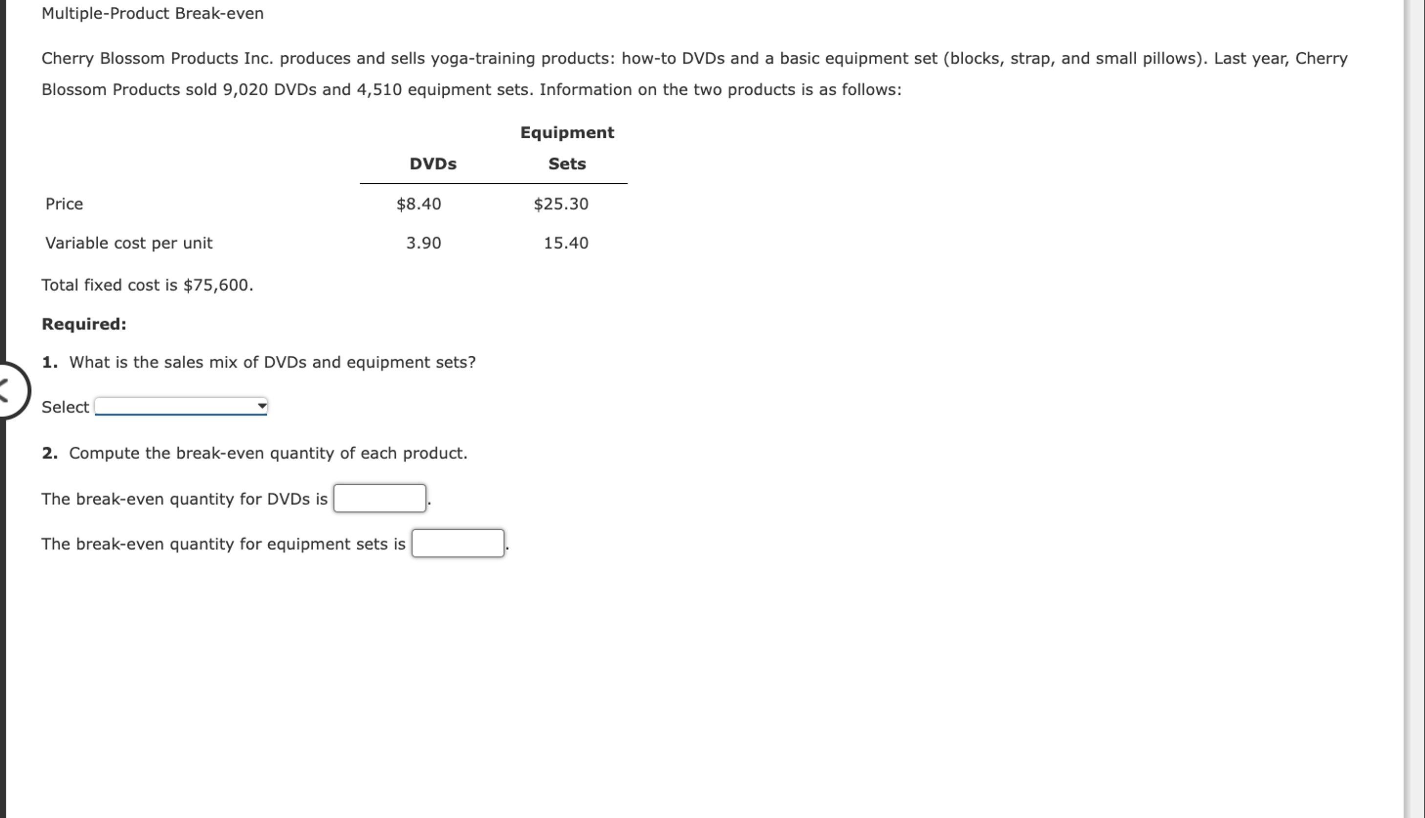 Solved Multiple-Product Break-evenBlossom Products sold | Chegg.com