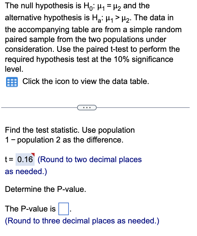 Solved The null hypothesis is H0:μ1=μ2 and the alternative | Chegg.com