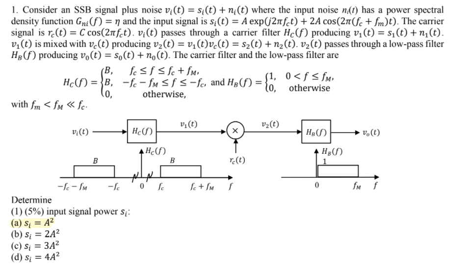 Solved 1. Consider an SSB signal plus noise vi(t) = si(t) + | Chegg.com