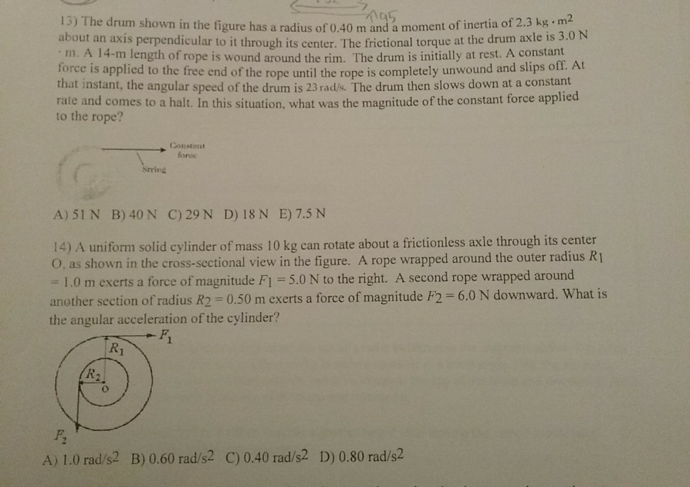 Solved 13) The drum shown in the figure has a radius of 0.40 | Chegg.com