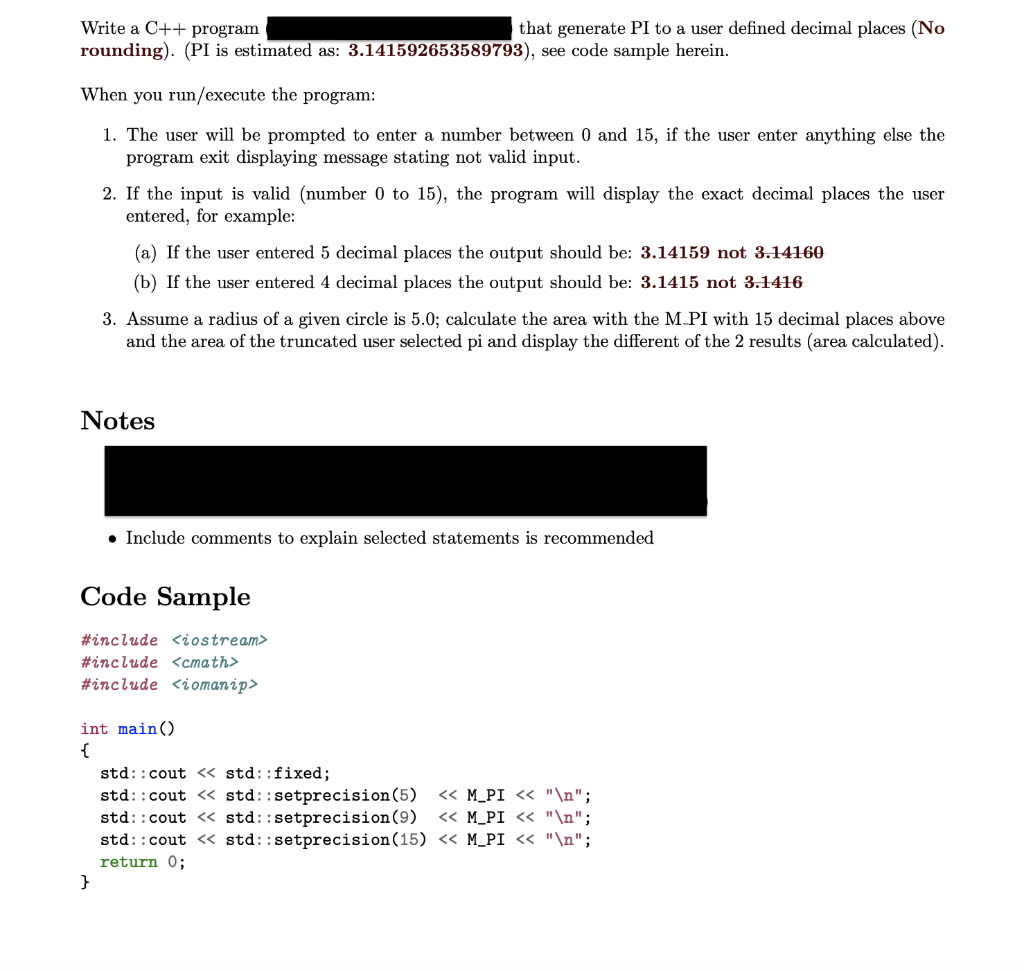 Solved Write a C++ program that generate PI to a user | Chegg.com