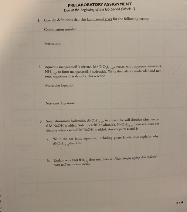 PRELABORATORY ASSIGNMENT Due at the beginning of the | Chegg.com