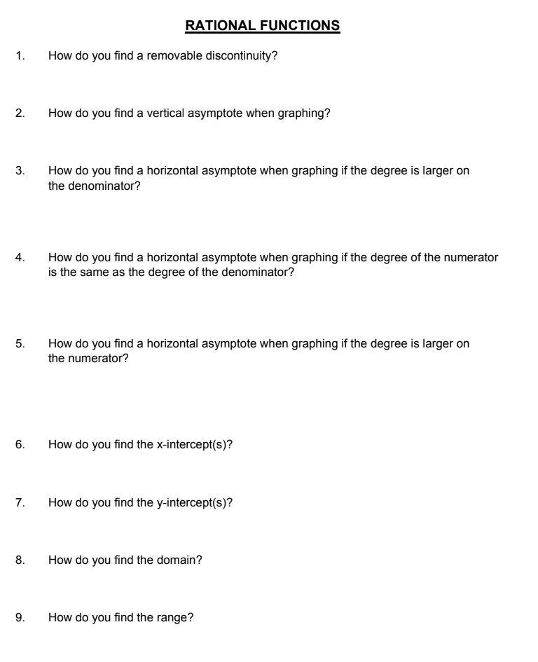 Solved RATIONAL FUNCTIONS 1. How do you find a removable | Chegg.com
